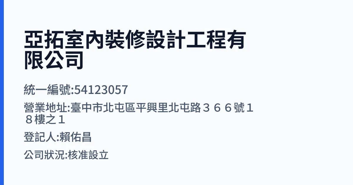亞拓室內裝修設計工程有限公司 - 統編 54123057(臺中市) 公司登記資料與營業項目詳細圖表