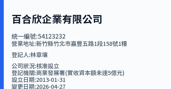 百合欣企業有限公司的照片-統編 54123232(新竹縣) 公司登記資料與營業項目詳細圖表