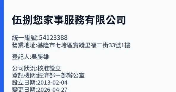 伍捌您家事服務有限公司的照片-統編 54123388(基隆市) 公司登記資料與營業項目詳細圖表