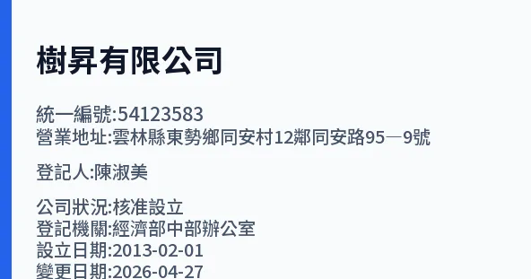 樹昇有限公司的照片-統編 54123583(雲林縣) 公司登記資料與營業項目詳細圖表