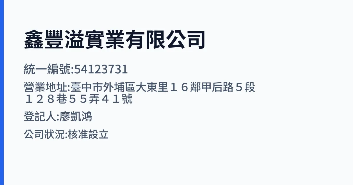 鑫豐溢實業有限公司 - 統編 54123731(臺中市) 公司登記資料與營業項目詳細圖表