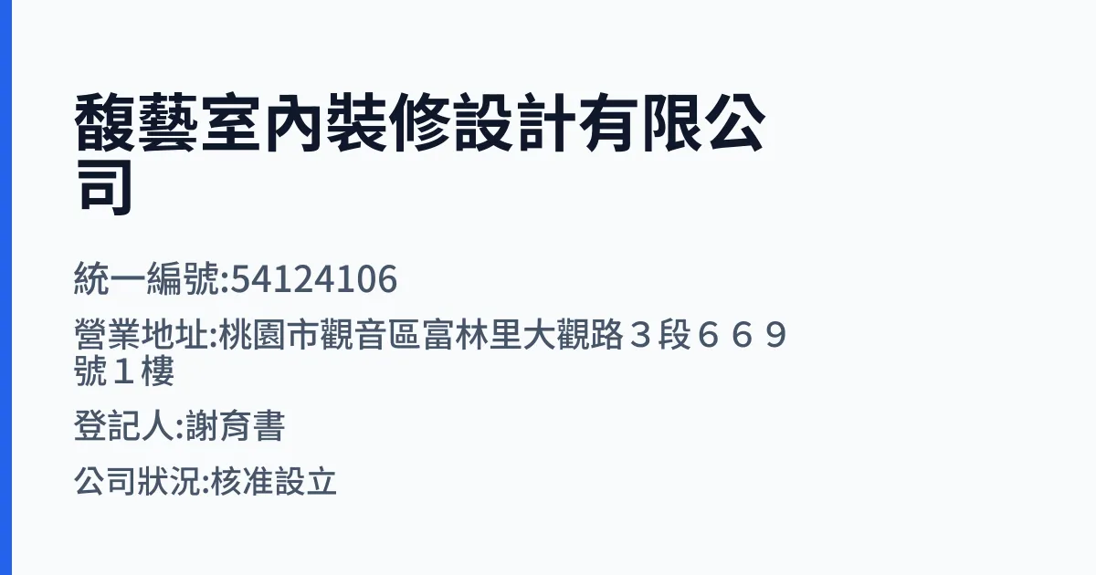 馥藝室內裝修設計有限公司 - 統編 54124106(桃園市) 公司登記資料與營業項目詳細圖表