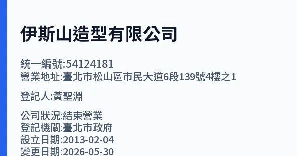 伊斯山造型有限公司的照片-統編 54124181(臺北市) 公司登記資料與營業項目詳細圖表
