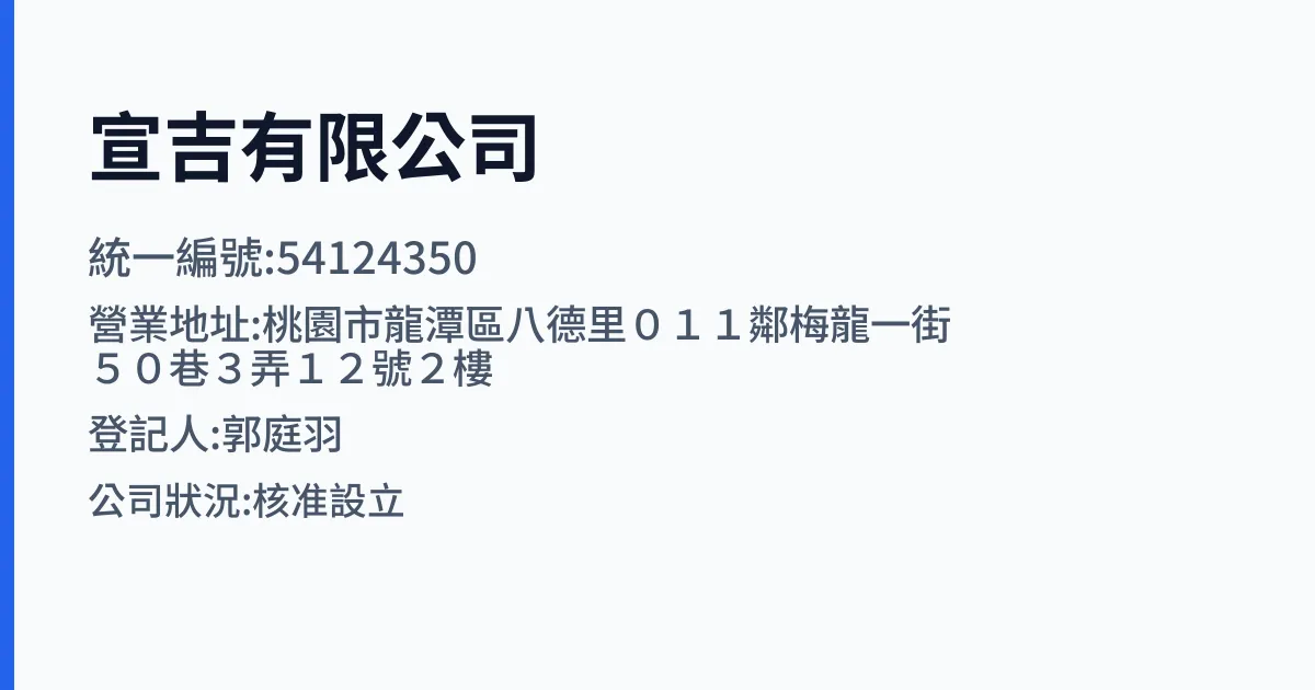 宣吉有限公司 - 統編 54124350(桃園市) 公司登記資料與營業項目詳細圖表
