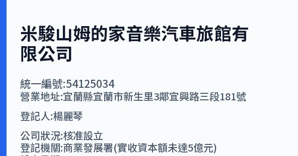 米駿山姆的家音樂汽車旅館有限公司的照片-統編 54125034(宜蘭縣) 公司登記資料與營業項目詳細圖表