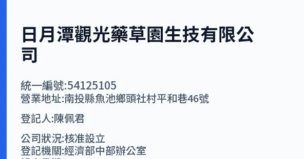 日月潭觀光藥草園生技有限公司的照片-統編 54125105(南投縣) 公司登記資料與營業項目詳細圖表