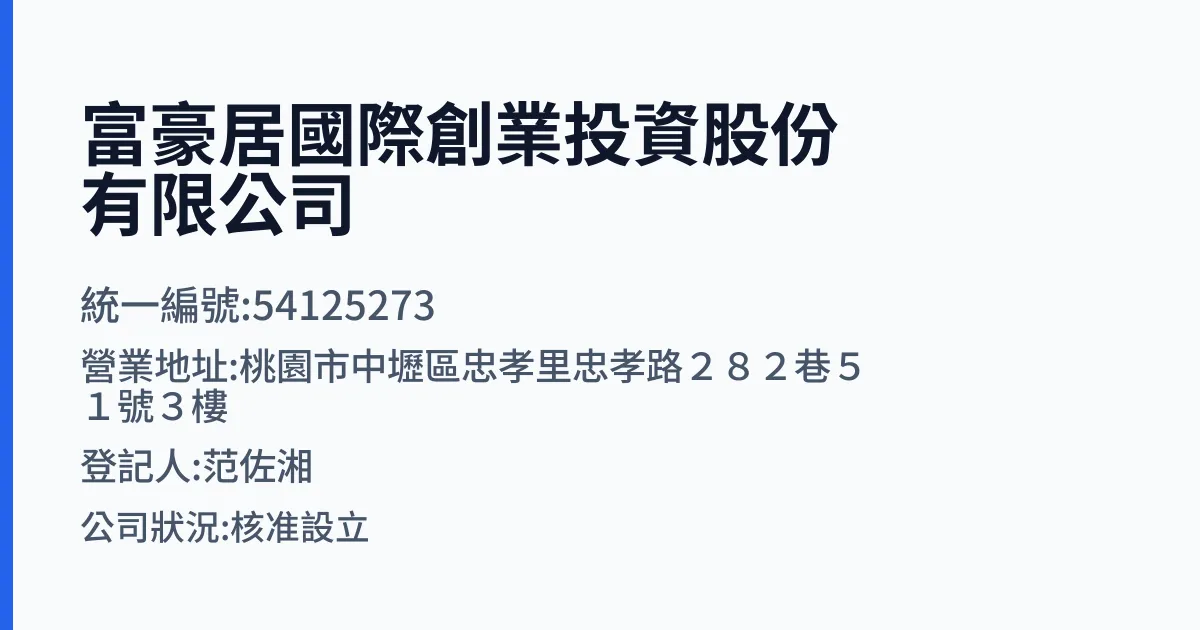 富豪居國際創業投資股份有限公司 - 統編 54125273(桃園市) 公司登記資料與營業項目詳細圖表