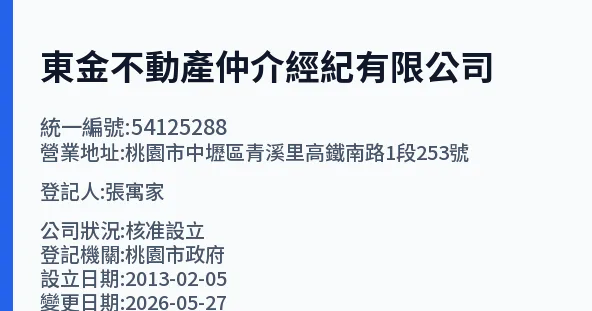 東金不動產仲介經紀有限公司的照片-統編 54125288(桃園市) 公司登記資料與營業項目詳細圖表