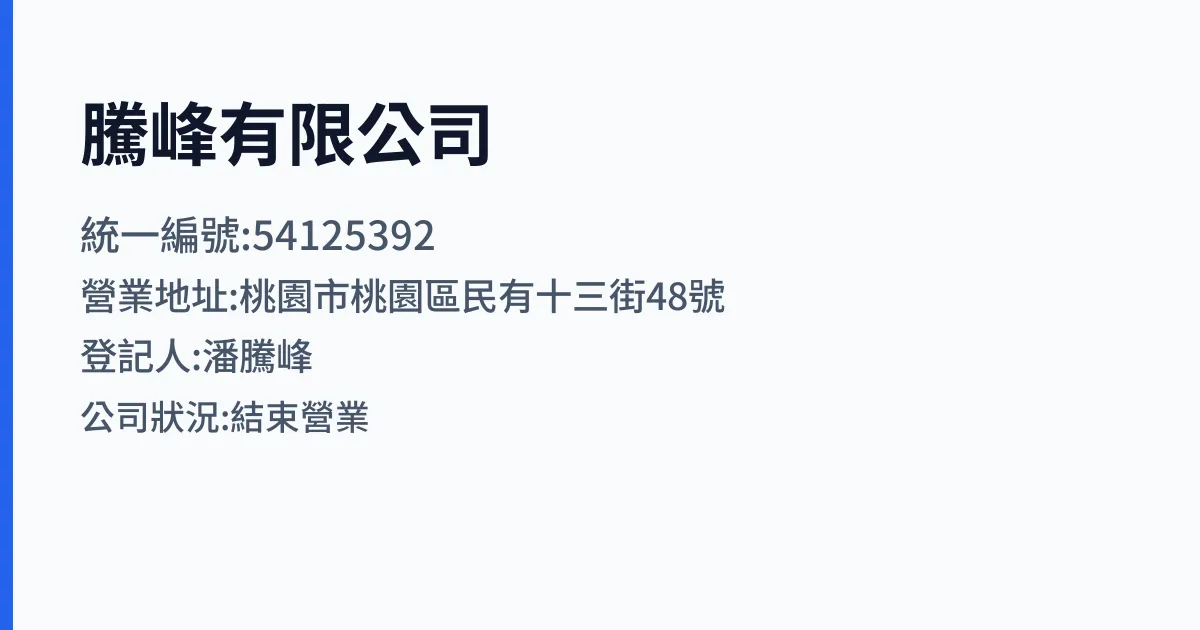 騰峰有限公司 - 統編 54125392(桃園市) 公司登記資料與營業項目詳細圖表