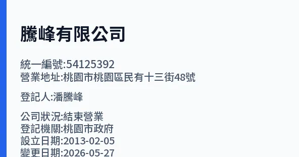 騰峰有限公司的照片-統編 54125392(桃園市) 公司登記資料與營業項目詳細圖表