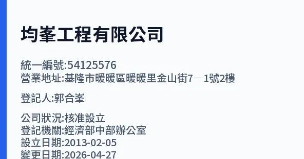 均峯工程有限公司的照片-統編 54125576(基隆市) 公司登記資料與營業項目詳細圖表