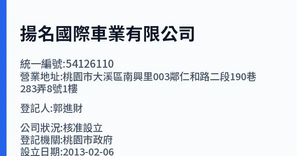 揚名國際車業有限公司的照片-統編 54126110(桃園市) 公司登記資料與營業項目詳細圖表