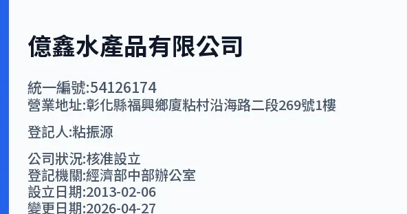 億鑫水產品有限公司的照片-統編 54126174(彰化縣) 公司登記資料與營業項目詳細圖表