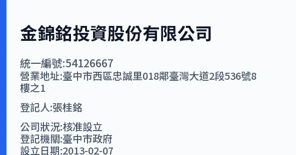 金錦銘投資股份有限公司的照片-統編 54126667(臺中市) 公司登記資料與營業項目詳細圖表