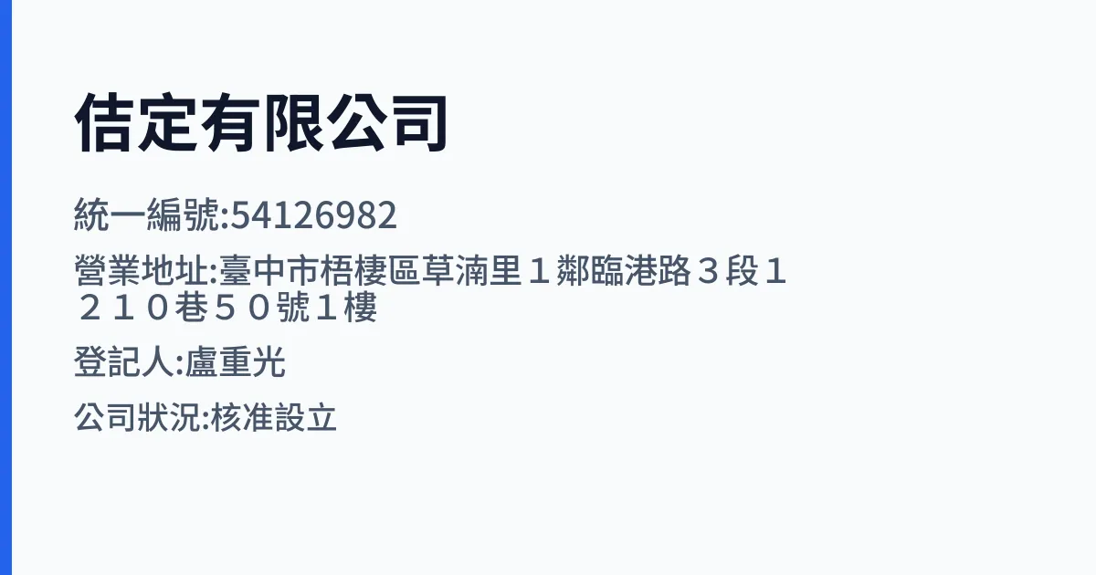 佶定有限公司 - 統編 54126982(臺中市) 公司登記資料與營業項目詳細圖表