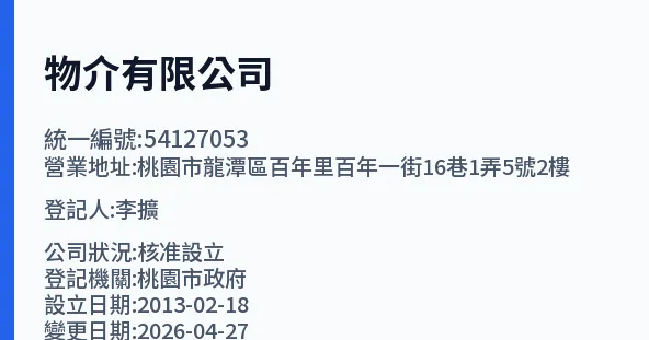 物介有限公司的照片-統編 54127053(桃園市) 公司登記資料與營業項目詳細圖表