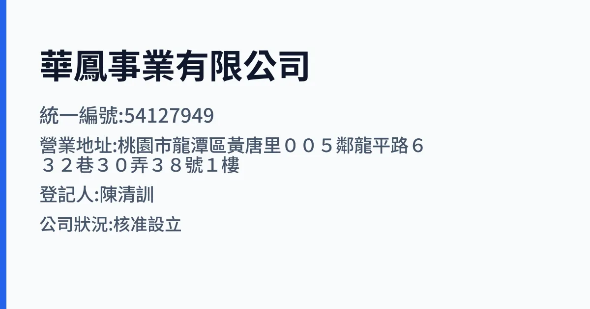 華鳳事業有限公司 - 統編 54127949(桃園市) 公司登記資料與營業項目詳細圖表