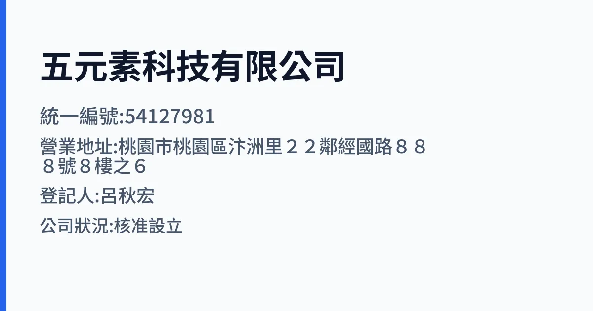 五元素科技有限公司 - 統編 54127981(桃園市) 公司登記資料與營業項目詳細圖表