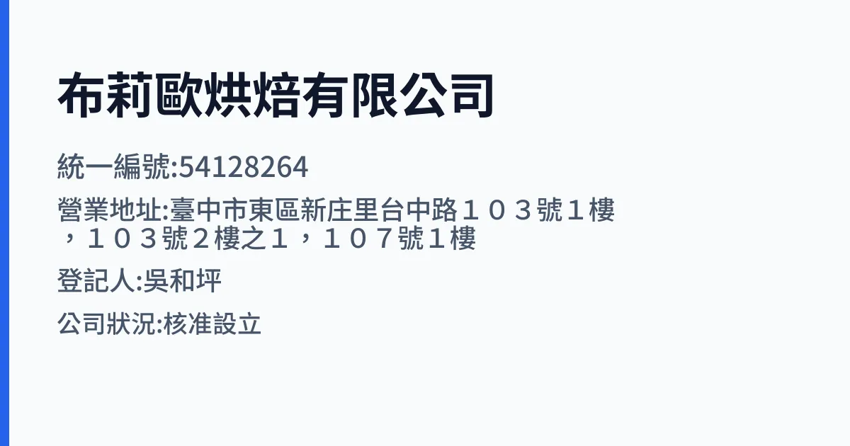 布莉歐烘焙有限公司 - 統編 54128264(臺中市) 公司登記資料與營業項目詳細圖表