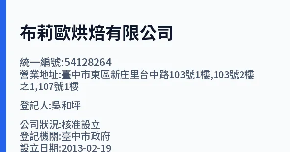布莉歐烘焙有限公司的照片-統編 54128264(臺中市) 公司登記資料與營業項目詳細圖表