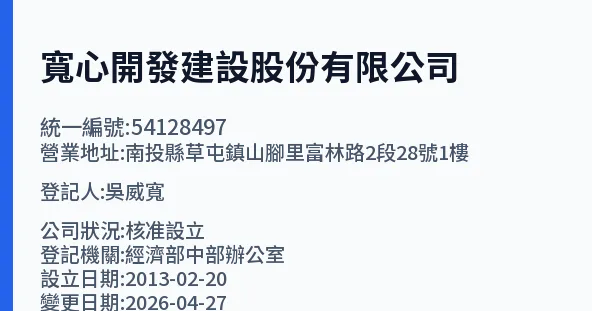 寬心開發建設股份有限公司的照片-統編 54128497(南投縣) 公司登記資料與營業項目詳細圖表