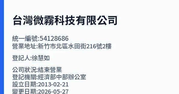 台灣微霧科技有限公司的照片-統編 54128686(新竹市) 公司登記資料與營業項目詳細圖表