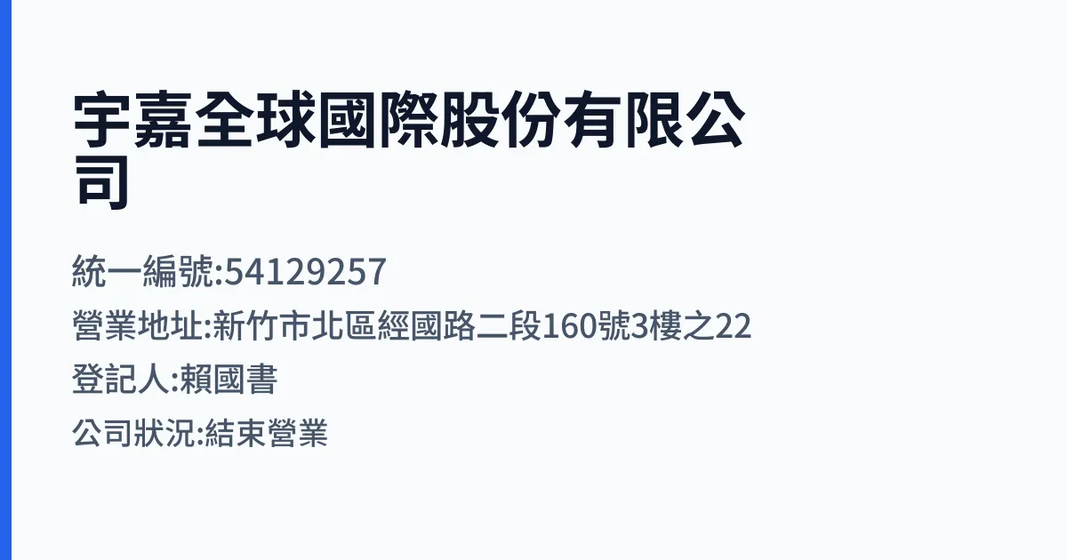 宇嘉全球國際股份有限公司 - 統編 54129257(新竹市) 公司登記資料與營業項目詳細圖表