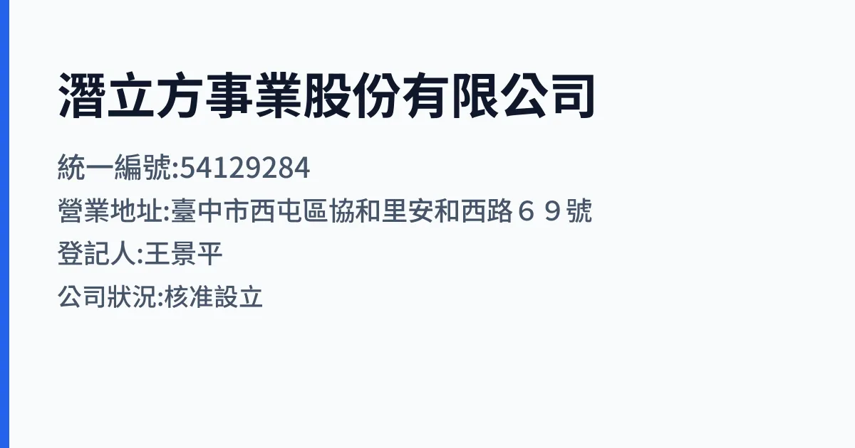 潛立方事業股份有限公司 - 統編 54129284(臺中市) 公司登記資料與營業項目詳細圖表
