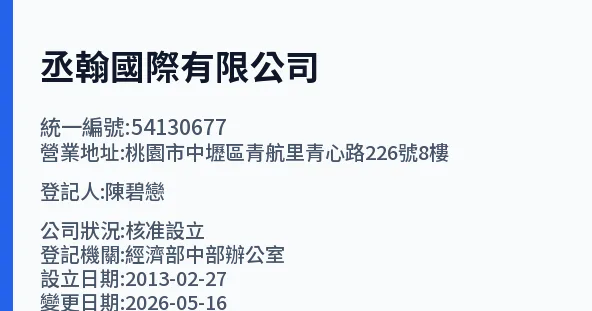 丞翰國際有限公司的照片-統編 54130677(桃園市) 公司登記資料與營業項目詳細圖表