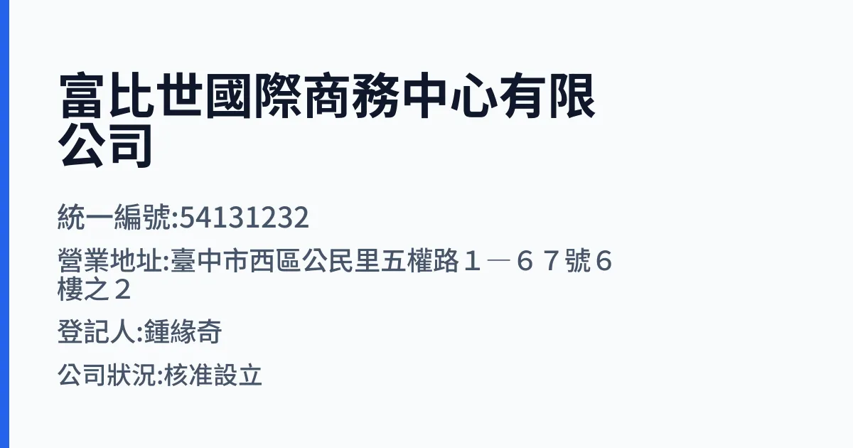 富比世國際商務中心有限公司 - 統編 54131232(臺中市) 公司登記資料與營業項目詳細圖表