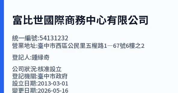 富比世國際商務中心有限公司的照片-統編 54131232(臺中市) 公司登記資料與營業項目詳細圖表