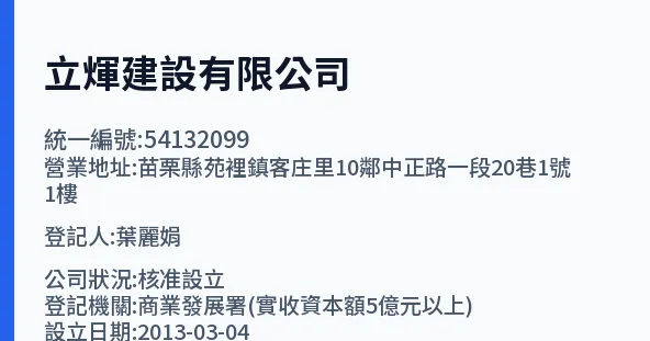 立煇建設有限公司的照片-統編 54132099(苗栗縣) 公司登記資料與營業項目詳細圖表