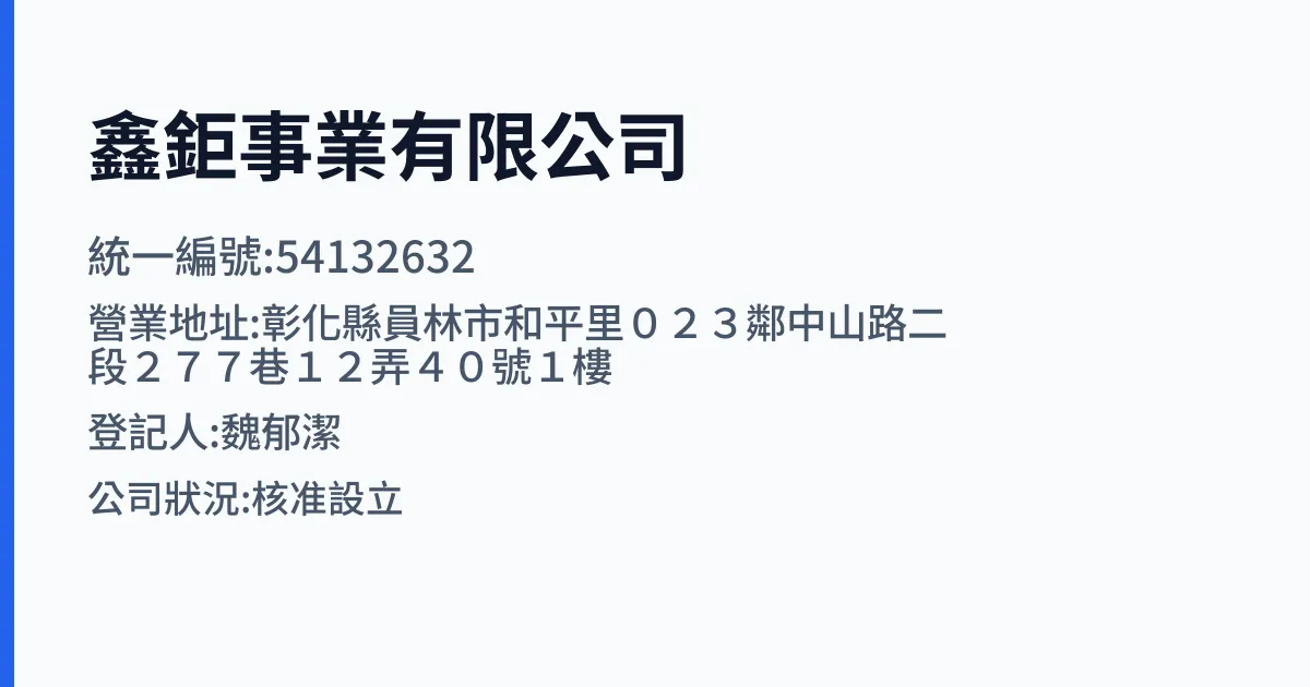 鑫鉅事業有限公司 - 統編 54132632(彰化縣) 公司登記資料與營業項目詳細圖表