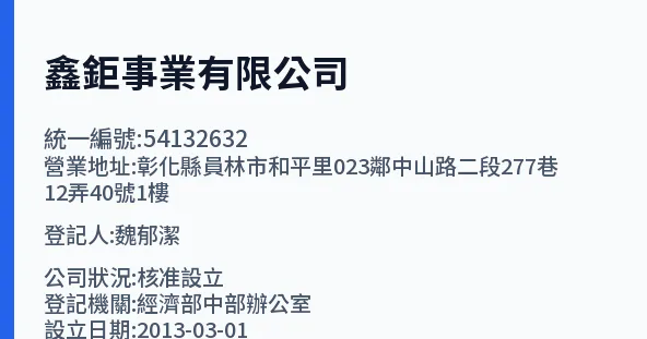 鑫鉅事業有限公司的照片-統編 54132632(彰化縣) 公司登記資料與營業項目詳細圖表