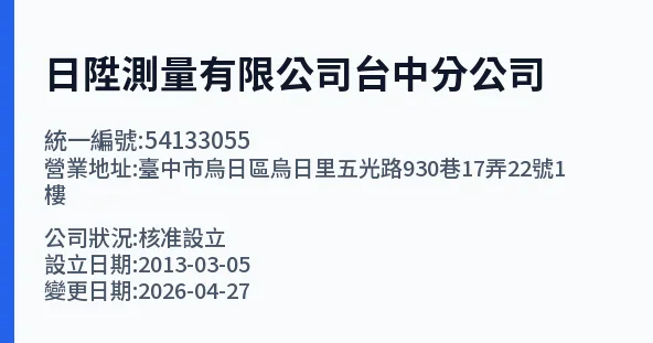 日陞測量有限公司台中分公司的照片-統編 54133055(臺中市) 公司登記資料與營業項目詳細圖表