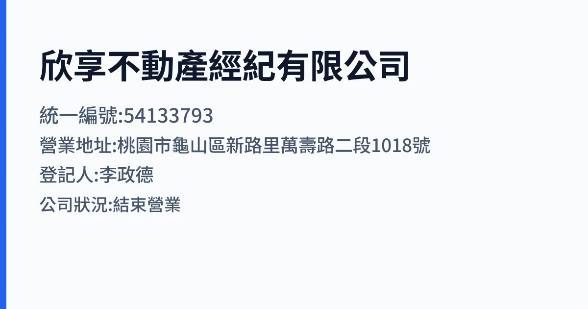 欣享不動產經紀有限公司 - 統編 54133793(桃園市) 公司登記資料與營業項目詳細圖表