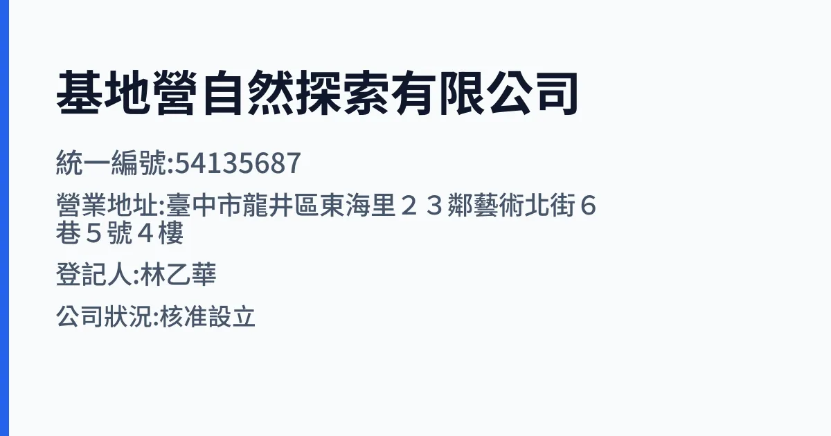 基地營自然探索有限公司 - 統編 54135687（臺中市） 公司登記資料與營業項目詳細圖表