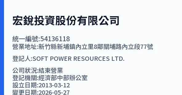 宏銳投資股份有限公司的照片-統編 54136118(新竹縣) 公司登記資料與營業項目詳細圖表
