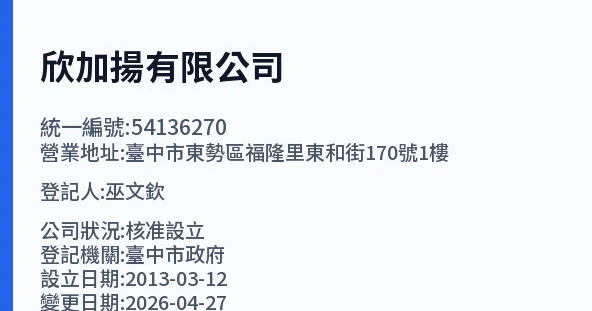 欣加揚有限公司的照片-統編 54136270(臺中市) 公司登記資料與營業項目詳細圖表