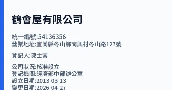 鶴會屋有限公司的照片-統編 54136356(宜蘭縣) 公司登記資料與營業項目詳細圖表