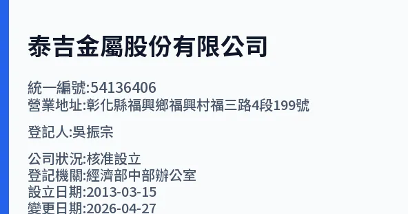 泰吉金屬股份有限公司的照片-統編 54136406(彰化縣) 公司登記資料與營業項目詳細圖表