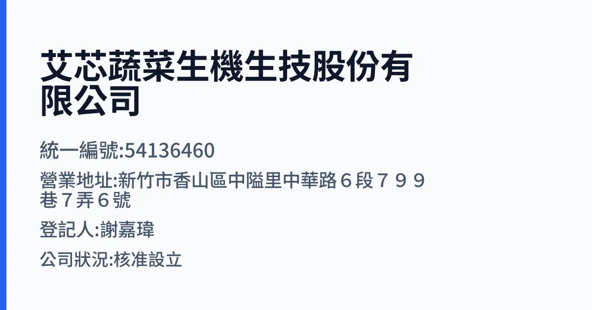 艾芯蔬菜生機生技股份有限公司 - 統編 54136460(新竹市) 公司登記資料與營業項目詳細圖表