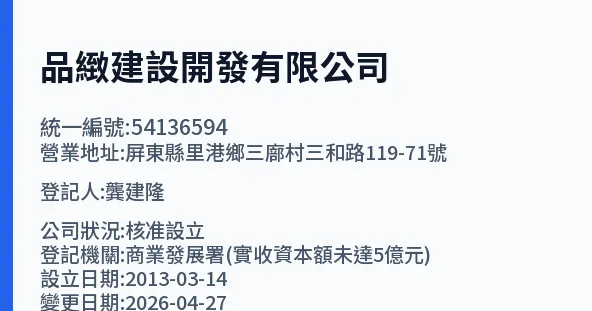 品緻建設開發有限公司的照片-統編 54136594(屏東縣) 公司登記資料與營業項目詳細圖表