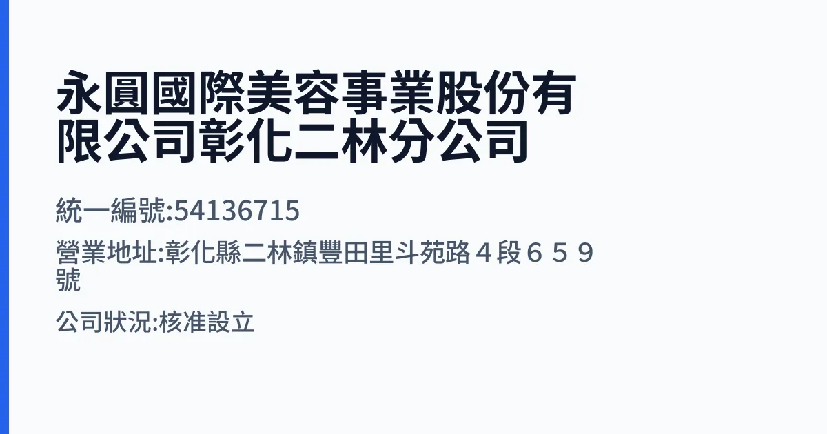 永圓國際美容事業股份有限公司彰化二林分公司 - 統編 54136715(彰化縣) 公司登記資料與營業項目詳細圖表