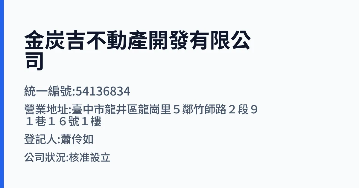 金炭吉不動產開發有限公司 - 統編 54136834(臺中市) 公司登記資料與營業項目詳細圖表