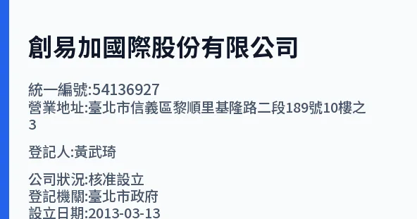 創易加國際股份有限公司的照片-統編 54136927(臺北市) 公司登記資料與營業項目詳細圖表