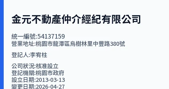 金元不動產仲介經紀有限公司的照片-統編 54137159(桃園市) 公司登記資料與營業項目詳細圖表