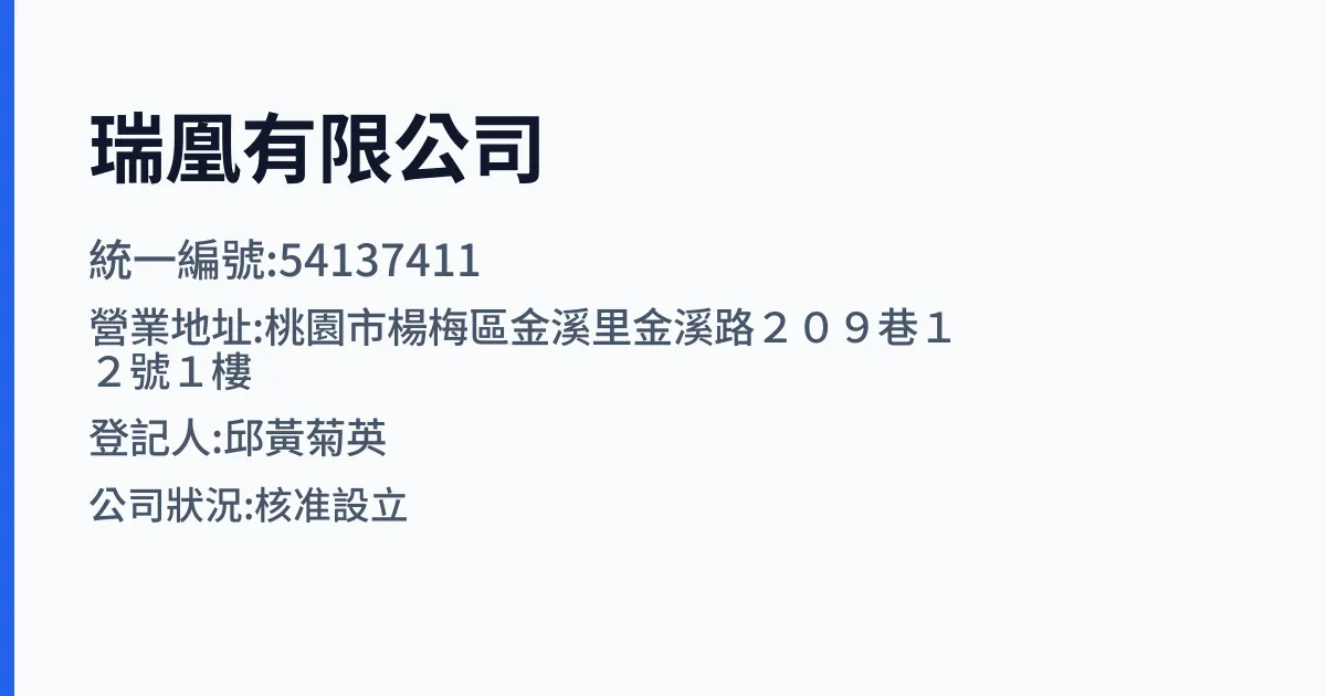 瑞凰有限公司 - 統編 54137411(桃園市) 公司登記資料與營業項目詳細圖表