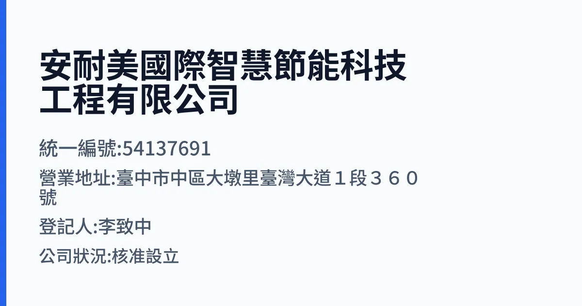 安耐美國際智慧節能科技工程有限公司 - 統編 54137691(臺中市) 公司登記資料與營業項目詳細圖表