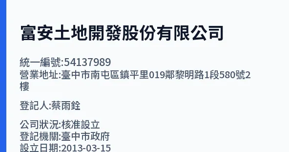 富安土地開發股份有限公司的照片-統編 54137989(臺中市) 公司登記資料與營業項目詳細圖表